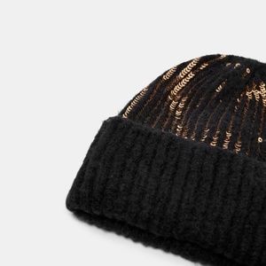 Zara | Accessories | Zara Black Gold Sequin Beanie Hat | Poshmark